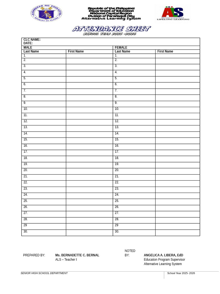Attendance Sheet Als Shs | PDF