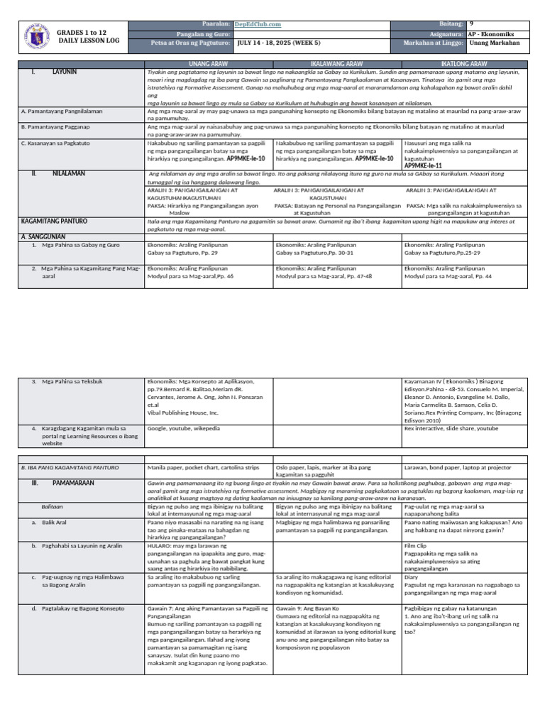 DLL - Ap - Economics 9 Q1 - W5 V2 | PDF