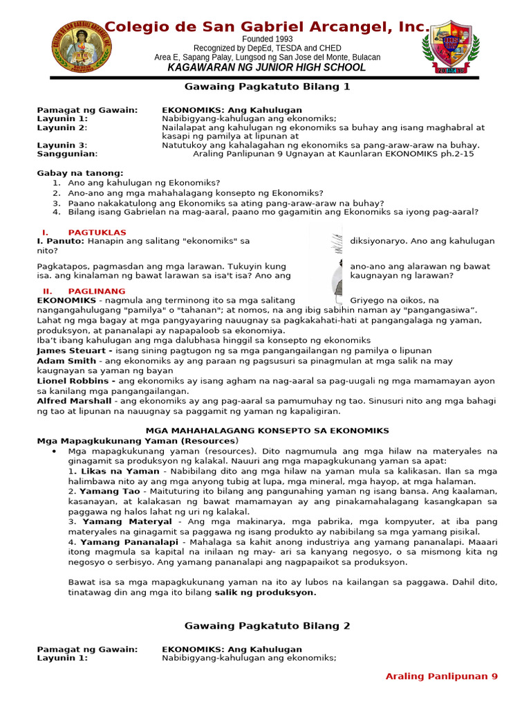 Gawaing Pagkatuto Sa AP 9 1st Quarter | PDF