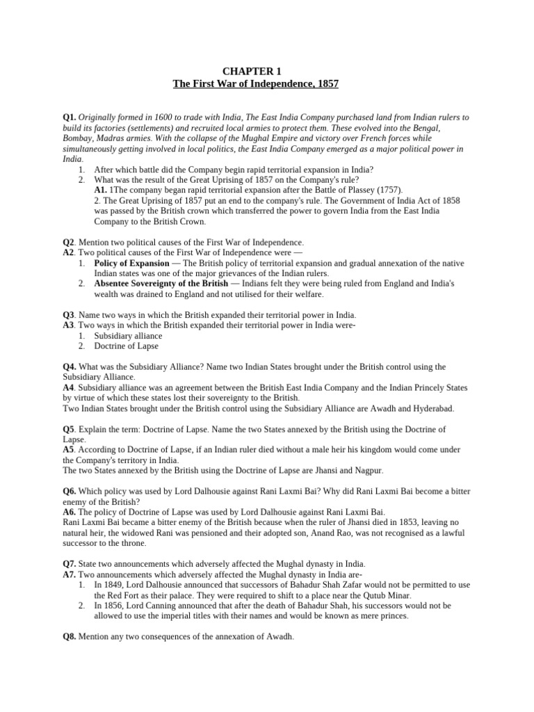 History Chapter 1 The First War of Independence, 1857 QA | PDF | Indian ...