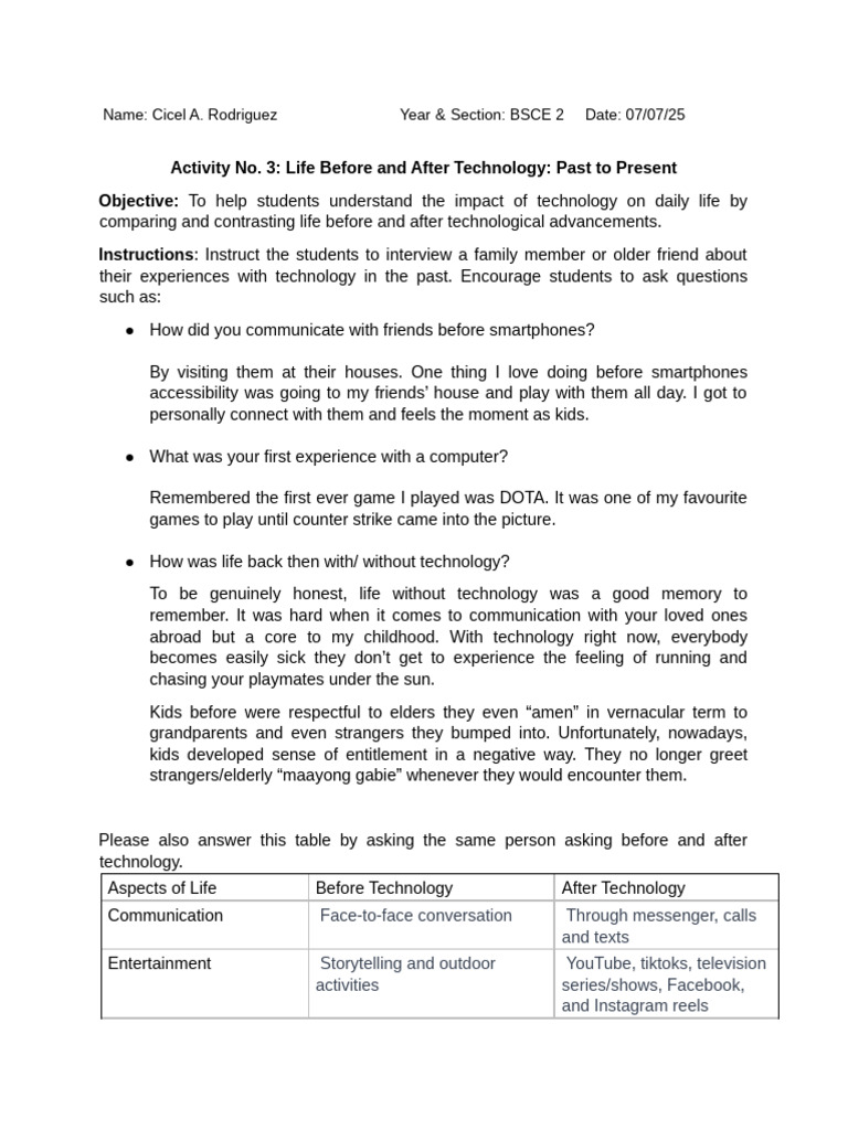 Activity No. 3 Interview Life Before and After Technology Past To ...