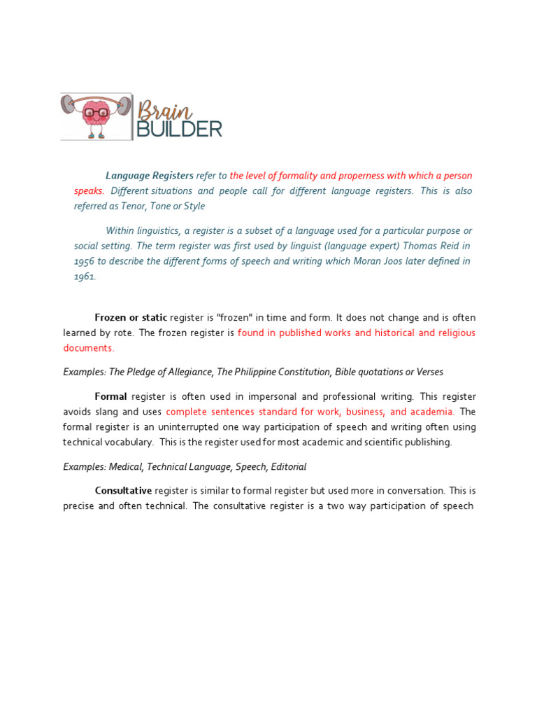 Language Register Activity | PDF | Human Communication | Linguistics