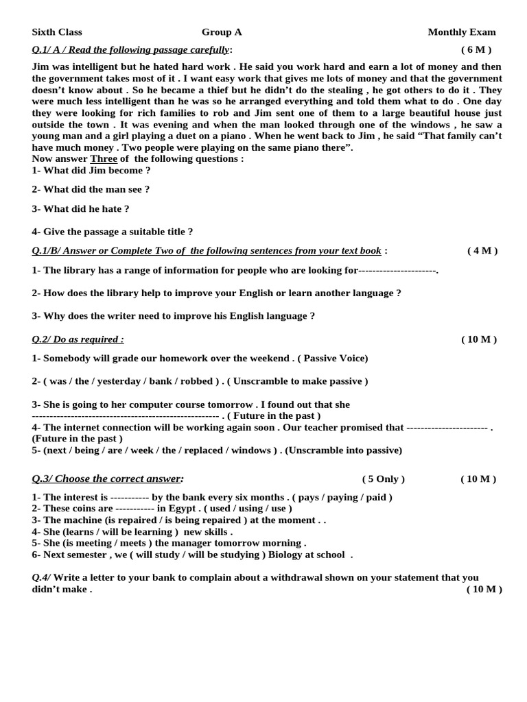Sixth Class Monthly Exam Questions | PDF
