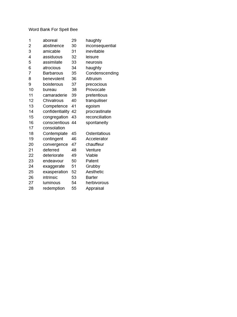 Spell Bee Word Bank List | PDF
