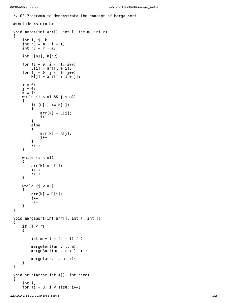 Merge Sort Program in C Language For Practise | PDF