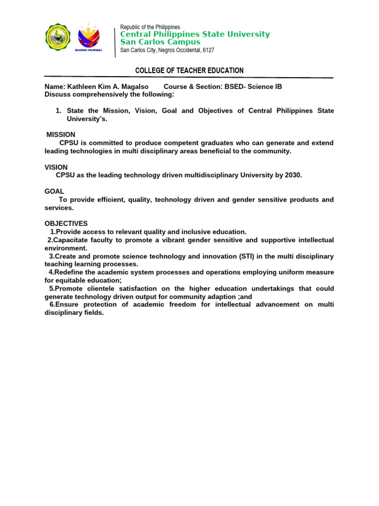 CPSU Mission, Vision, and Educational Strategies | PDF | Educational ...