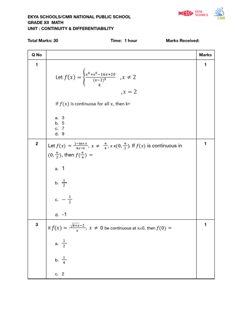 Grade XII - Continuity Differentiability Chapter Test 2 | PDF ...