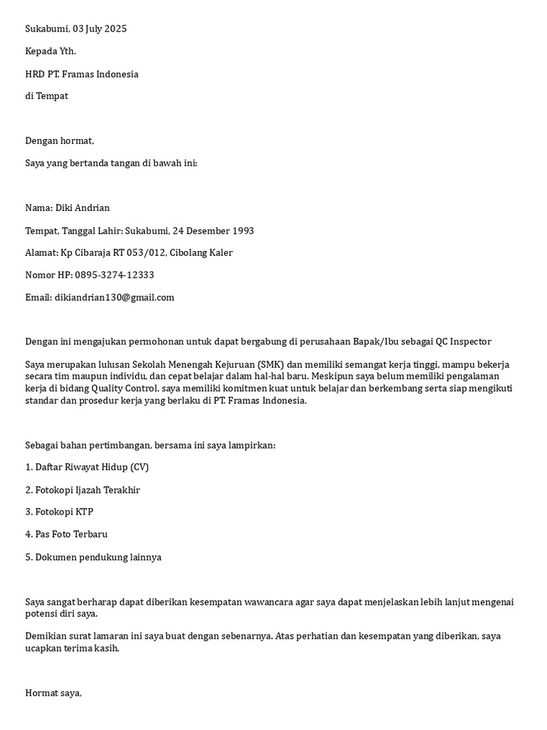 Surat Lamaran QC Framas - Docx 20250702 212002 0000 | PDF