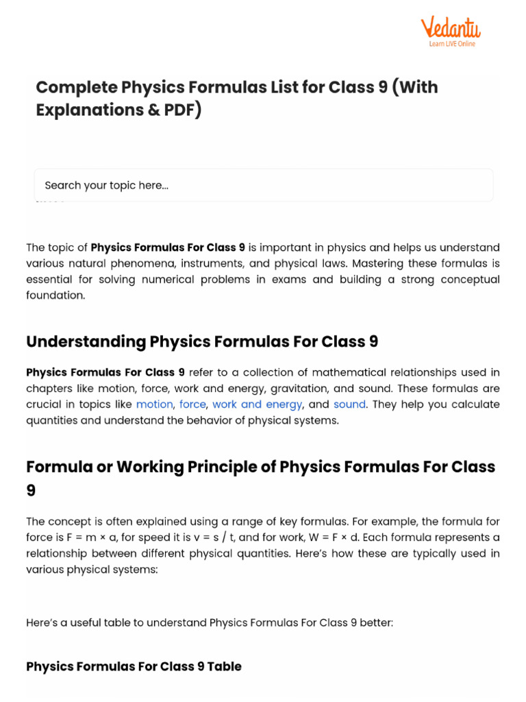 Complete Physics Formulas List For Class 9 (With Explanations & PDF | PDF