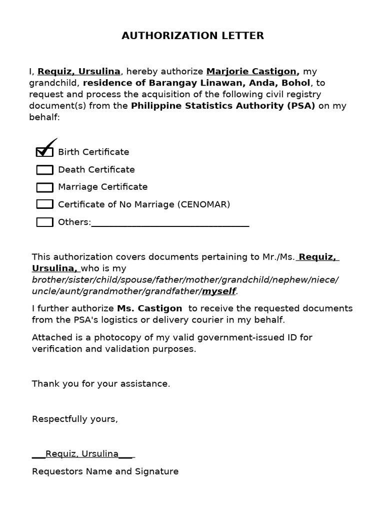 Authorization Letter for PSA Documents | PDF