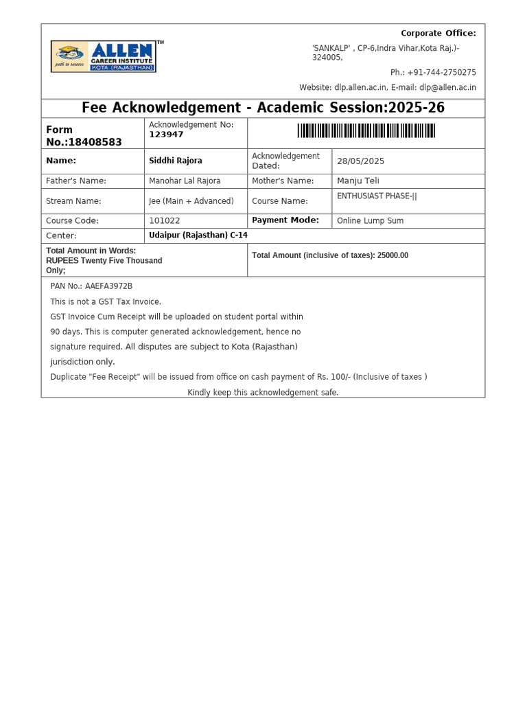 Allen Institute Fees Deposit Formate | PDF