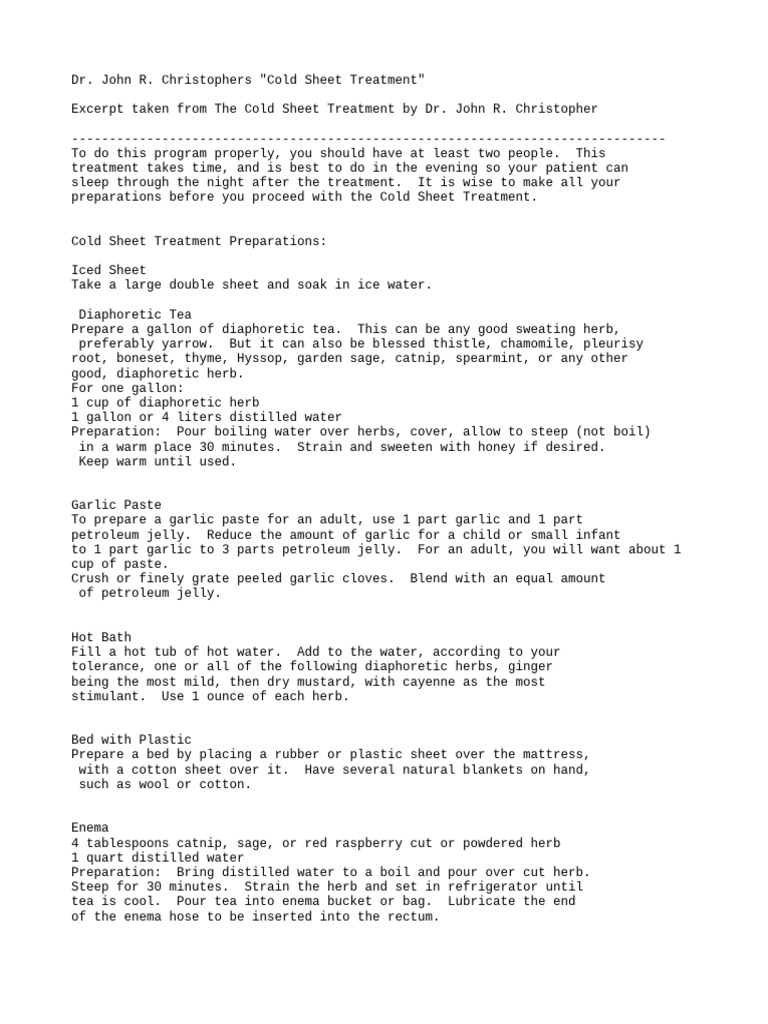 Cold Sheet Treatment Guide by Dr. Christopher | PDF | Juice | Diet ...