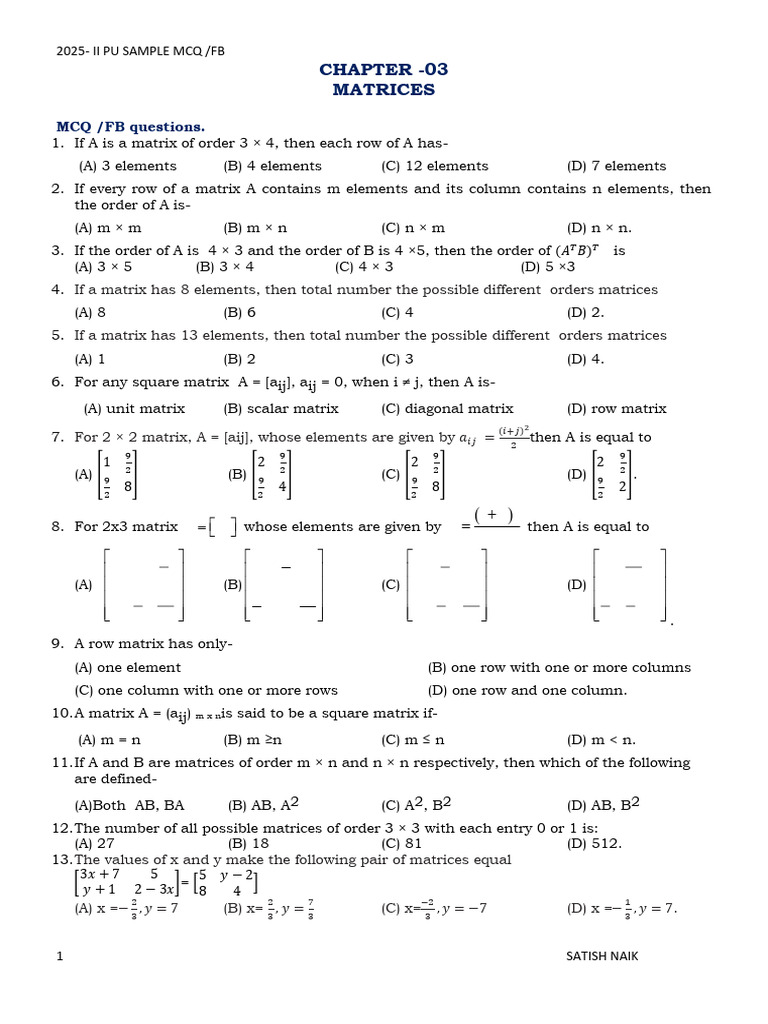 2025 MCQ-FB 3 Chapter Matrices | PDF | Matrix (Mathematics) | Linear Algebra