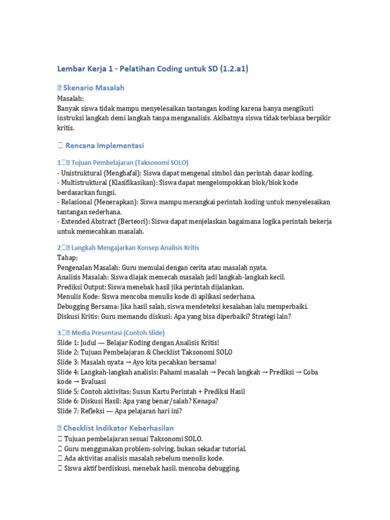 Lembar Kerja 1 - Pelatihan Coding Untuk SD (1.2.a1) : Skenario Masalah | PDF