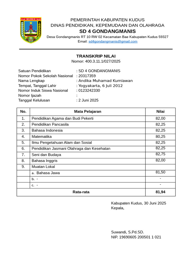 Contoh Jadi Transkrip Nilai SD Kudus 2025 | PDF