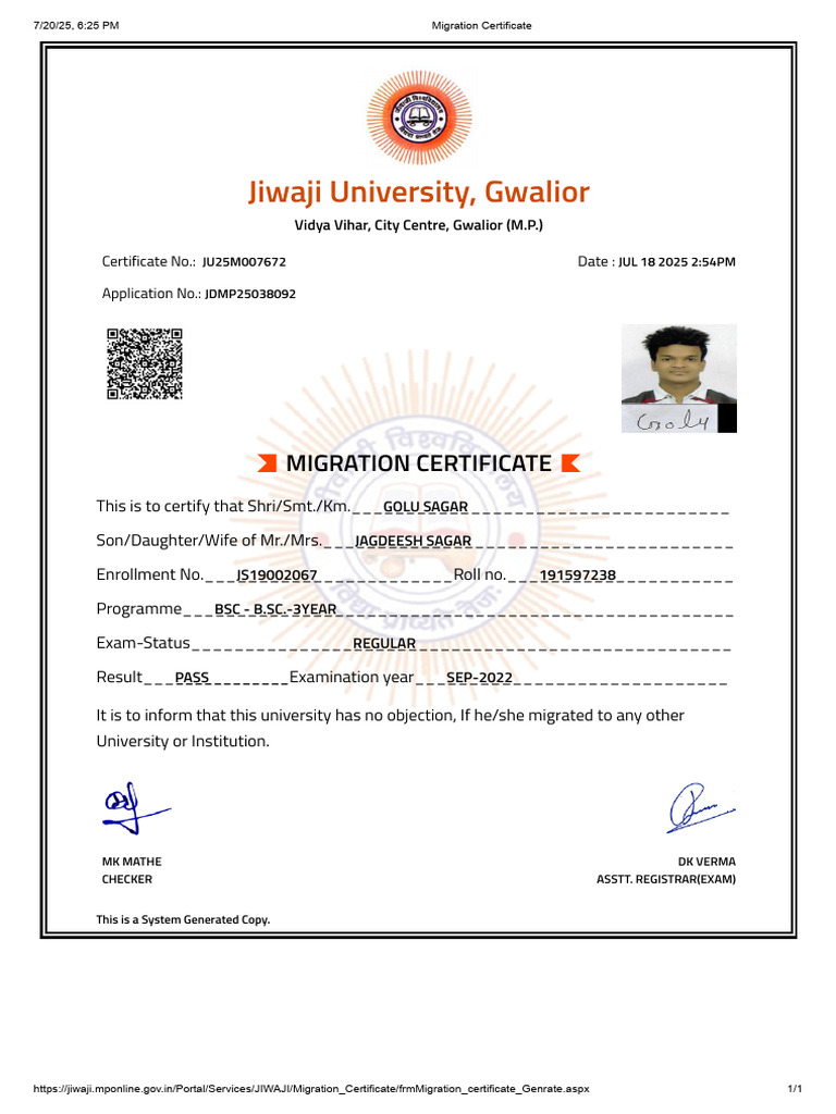 Jiwaji University Migration Certificate | PDF