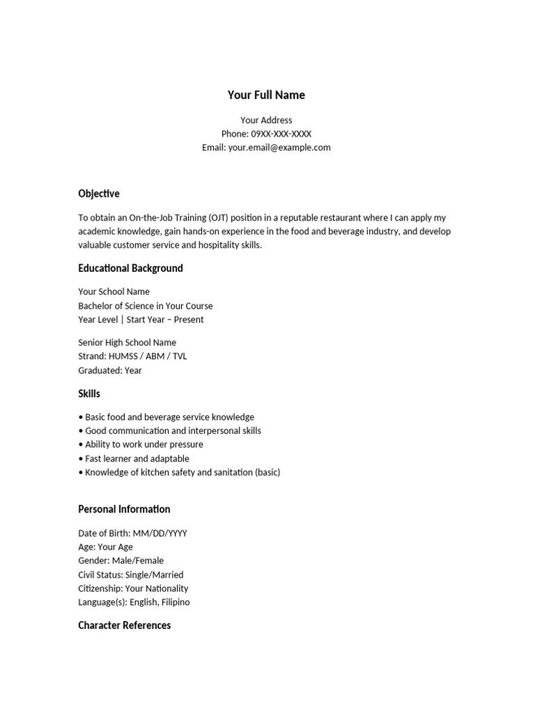 OJT Resume Restaurant | PDF