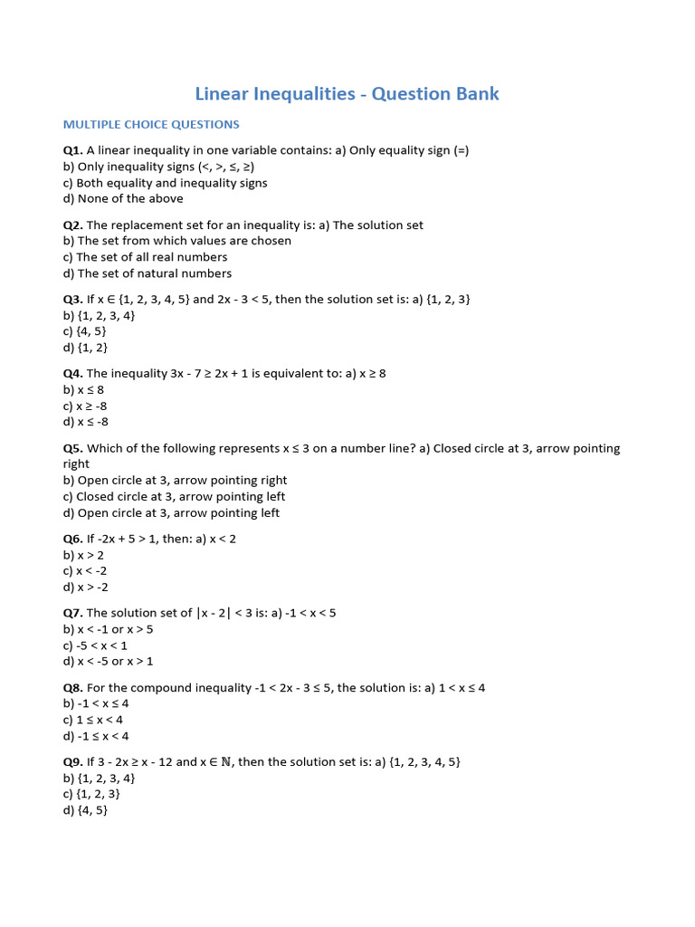 Class 10 Linear Inequalities Worksheet | PDF | Inequality (Mathematics ...