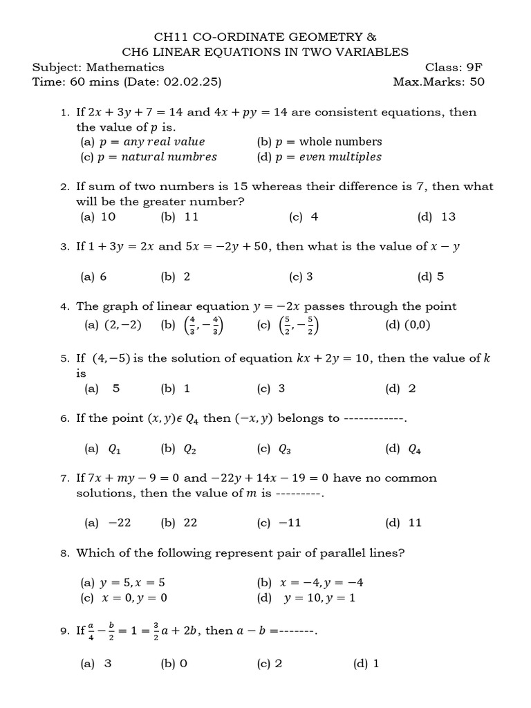 Class 9F Mathematics Exam: Geometry & Equations | PDF | Cartesian ...
