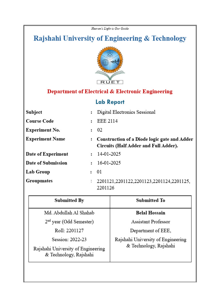 Diode Logic Gates and Adders Lab Report | PDF | Logic Gate | Electricity