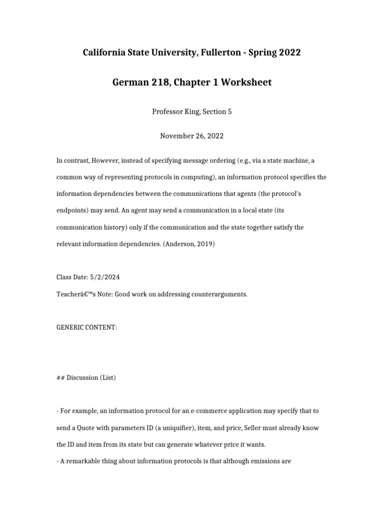 German 218 Chapter 1 Worksheet | PDF