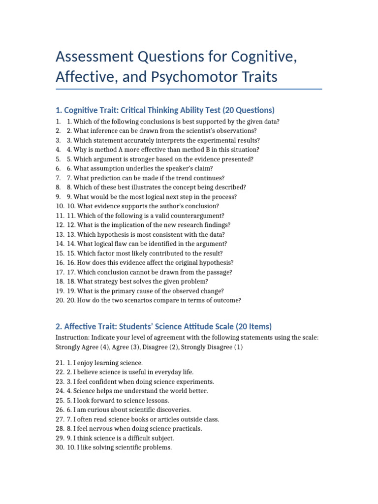 20 Questions Cognitive Affective Psychomotor | PDF | Affect (Psychology ...
