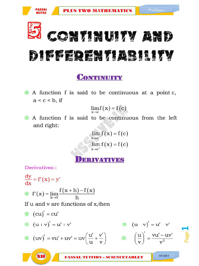 Hsslive-12 M P Chapter 05 Continuity-And-Derivatives | PDF