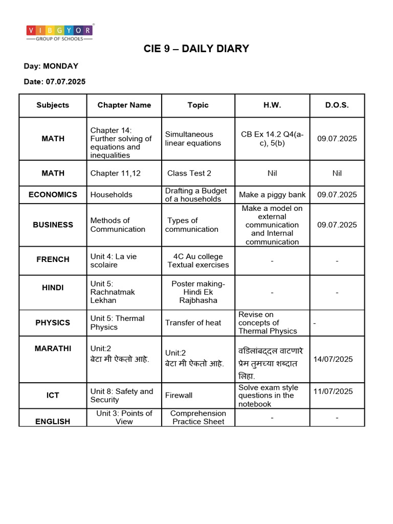 Cie 9 - Daily Diary 7 July 2025 | PDF