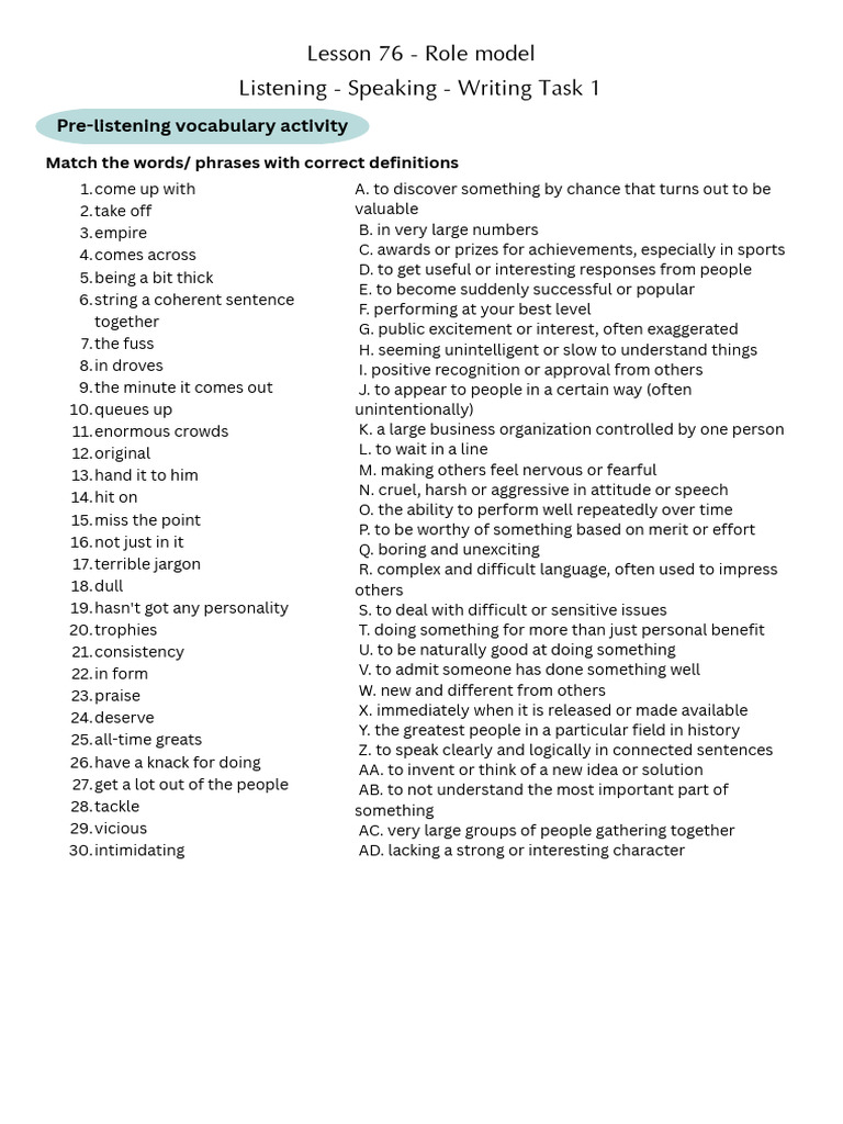 Vocabulary and Listening Activities for Role Models | PDF