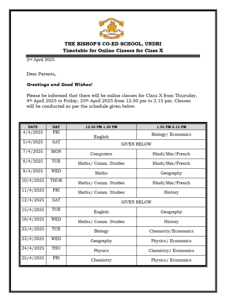 Class X Online Class Timetable 2025 | PDF | Science | Natural Sciences