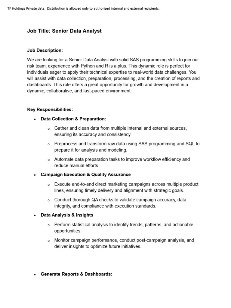 Senior Data Analyst Job at TF Holdings | PDF | Sas (Software) | Data ...