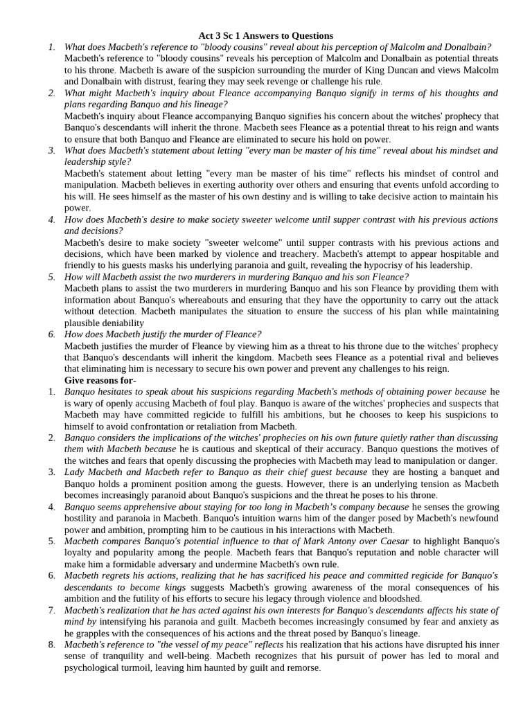 MACBETH ACT 3 Questions and Answers | PDF | Macbeth