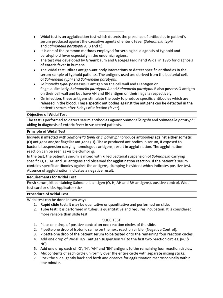 Widal Test | PDF | Salmonella | Serology