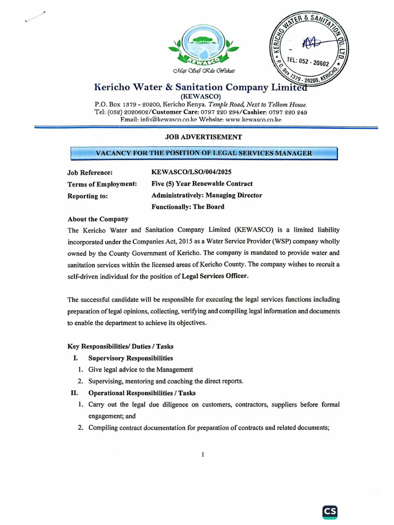 Job Vacancy - Legal Services MANAGER - KEWASCO | PDF