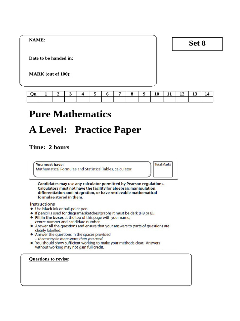 A Level Pure Mathematics Practice Paper | PDF | Force | Significant Figures