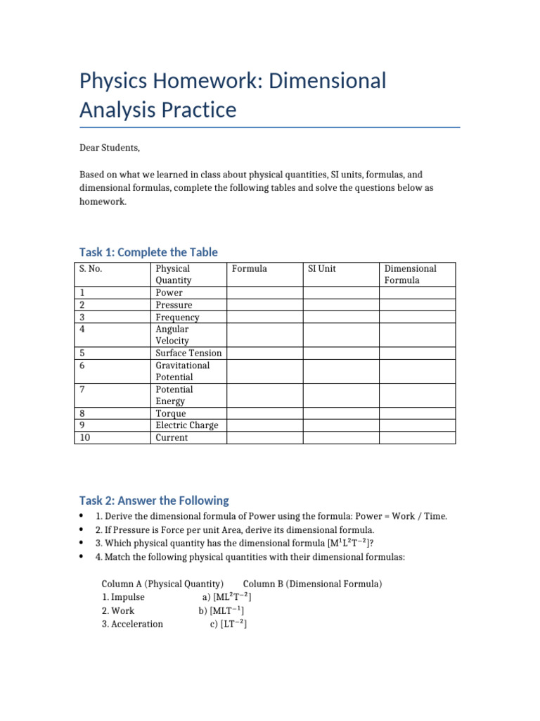 Physics Dimensional Formula Homework | PDF