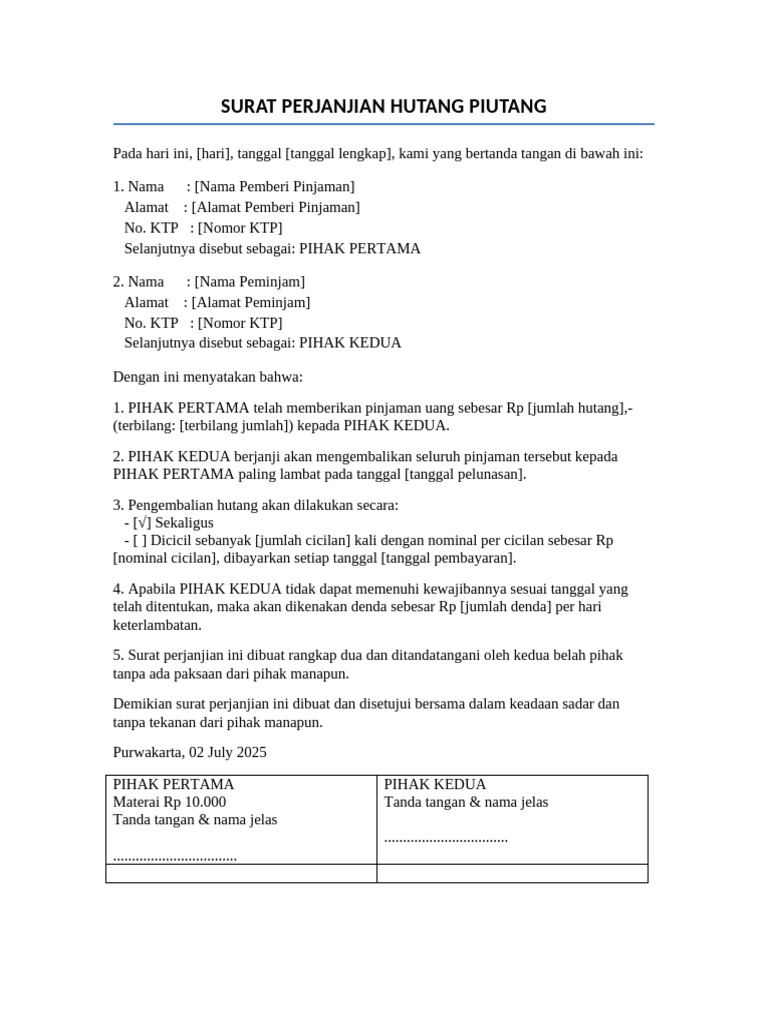 Surat Perjanjian Hutang Piutang Simple | PDF