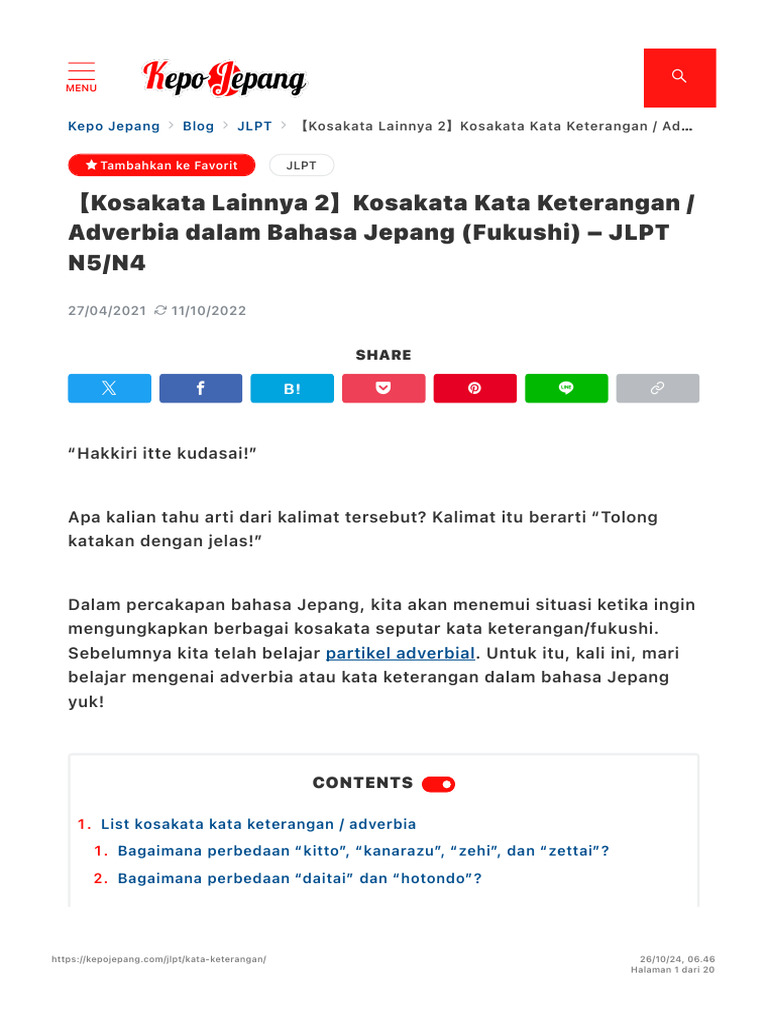 【Kosakata Lainnya 2】Kosakata Kata Keterangan - Adverbia Dalam Bahasa Jepang (Fuk | PDF