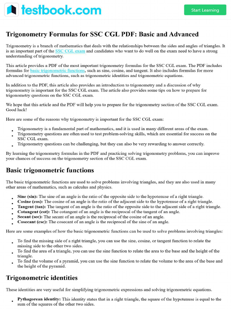 Trigonometry Formulas For SSC CGL PDF - Basic and Advanced | PDF