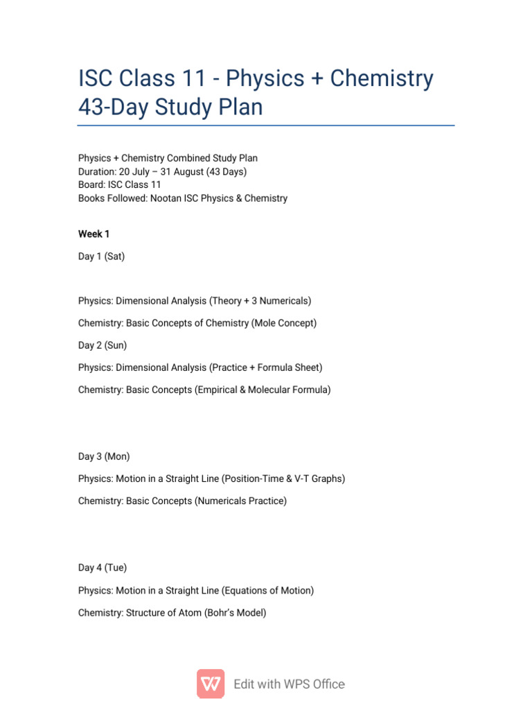 ISC 43 Day Study Plan | PDF | Rotation Around A Fixed Axis | Chemistry