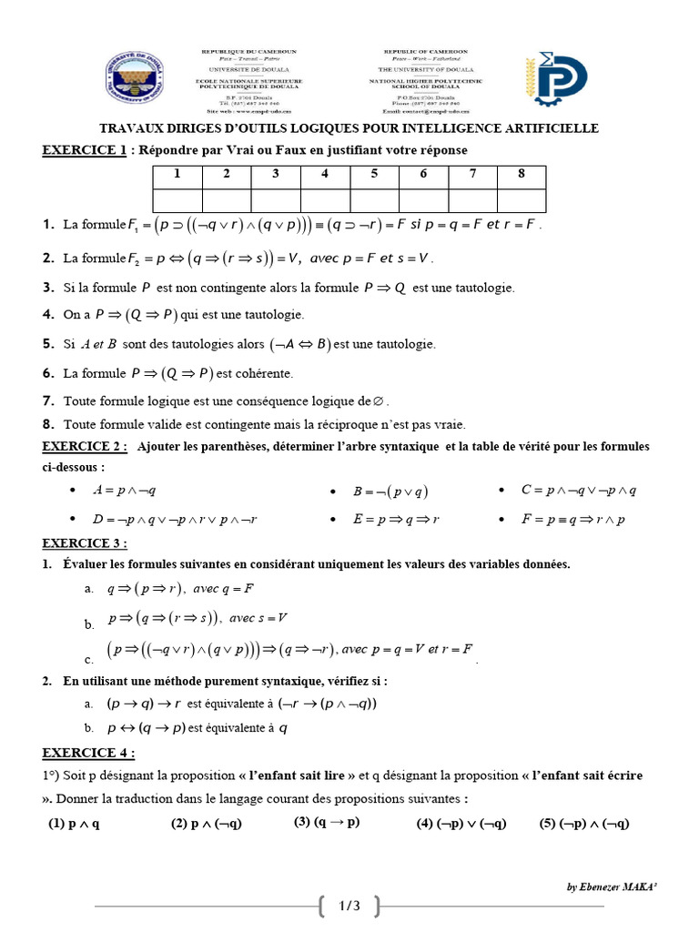 Exercices d'outils logiques en IA | PDF | Logique mathématique | Logique
