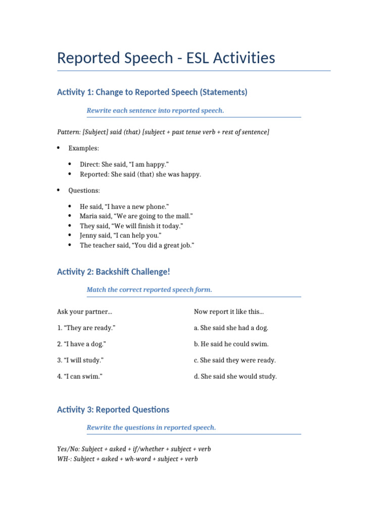 ESL Activities for Reported Speech | PDF | Verb | Linguistic Morphology