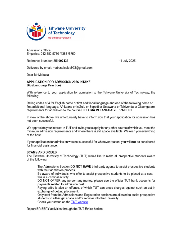 TUT 2026 Admission Decision and Ethics | PDF | Bribery