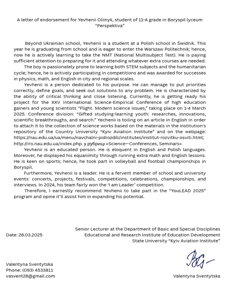 A Letter of Endorsement For Yevhenii Oliinyk, Student of 11-A Grade in ...