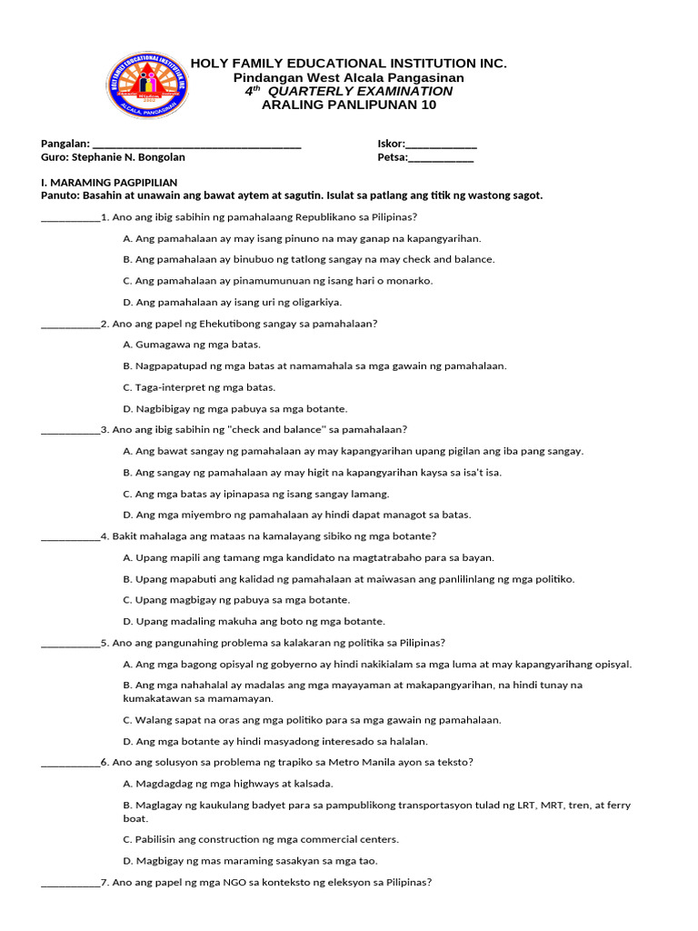 Grade 10 Final Exam | PDF