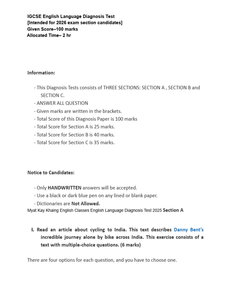IGCSE English Language Diagnosis Test 2025 | PDF