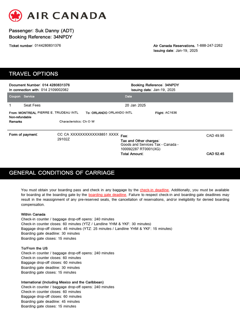 Seat Fee Receipt for Flight AC1636 | PDF