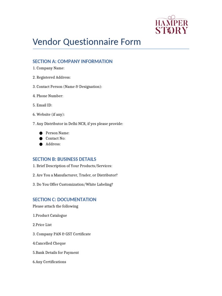 Vendor Questionnaire Form | PDF
