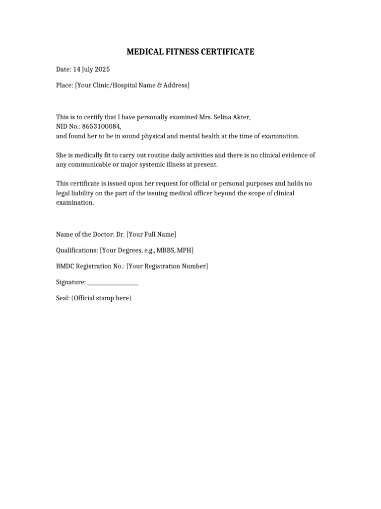 Medical Fitness Certificate Selina Akter | PDF