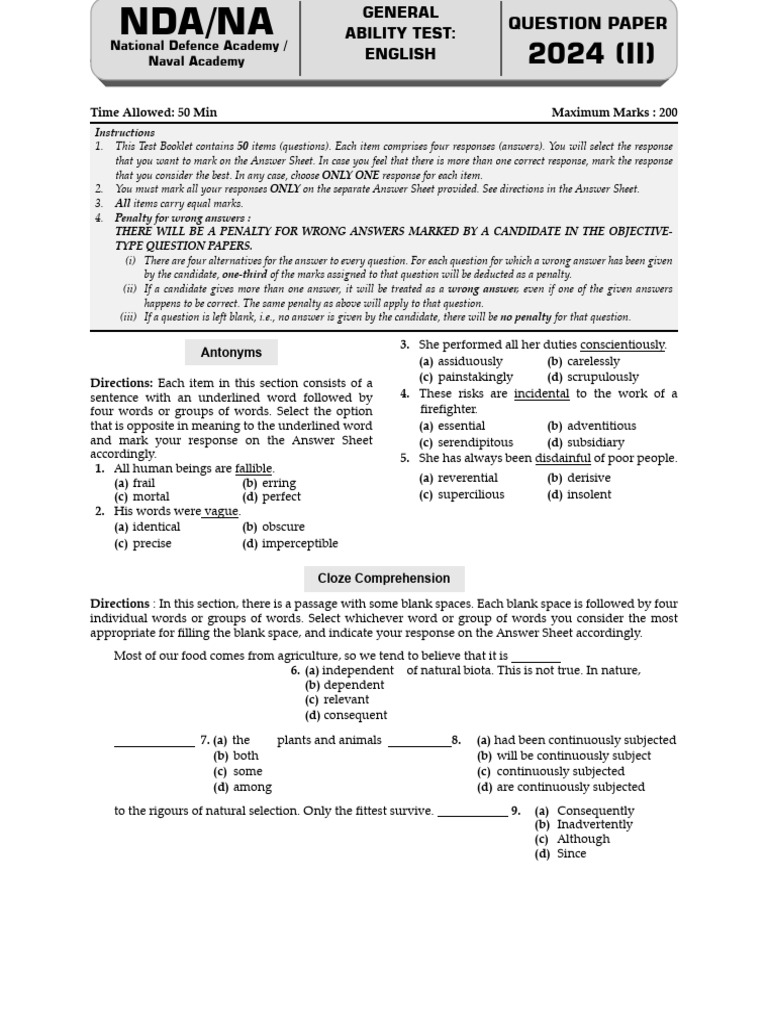 NDA 2024 II English Question Paper | PDF | Adverb | Adjective